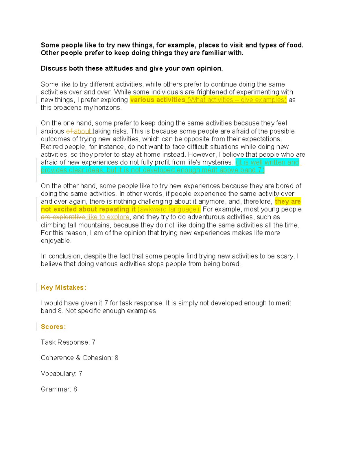 Band 8 Essay Challenge - Feedback on Attitudes Toward New Experiences ...