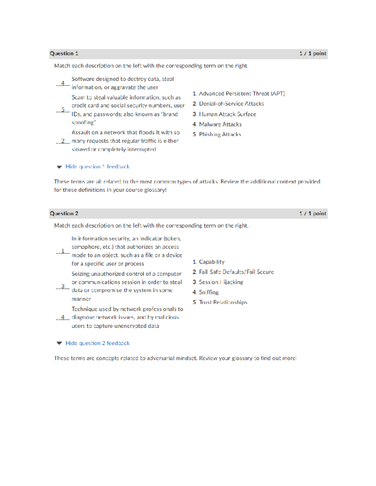CYB 200 - Module 7 Knowledge Check: Cybersecurity Terms Matching - Studocu
