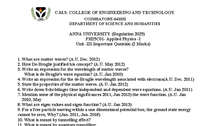 Applied Physics -1 UNIT-3&4 (PART-A) Questions (A.U. 2025) - Studocu