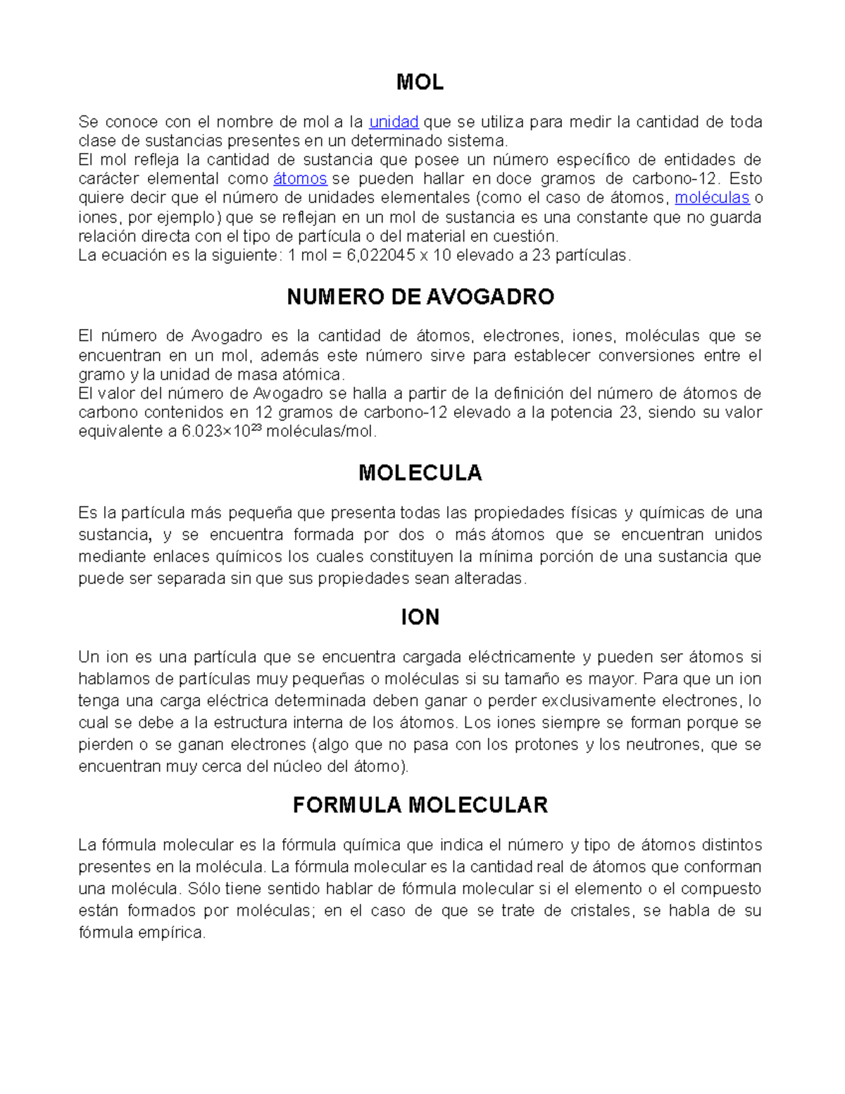 Definiciones mol, numero de avogadro, molécula, ión - MOL Se conoce con ...