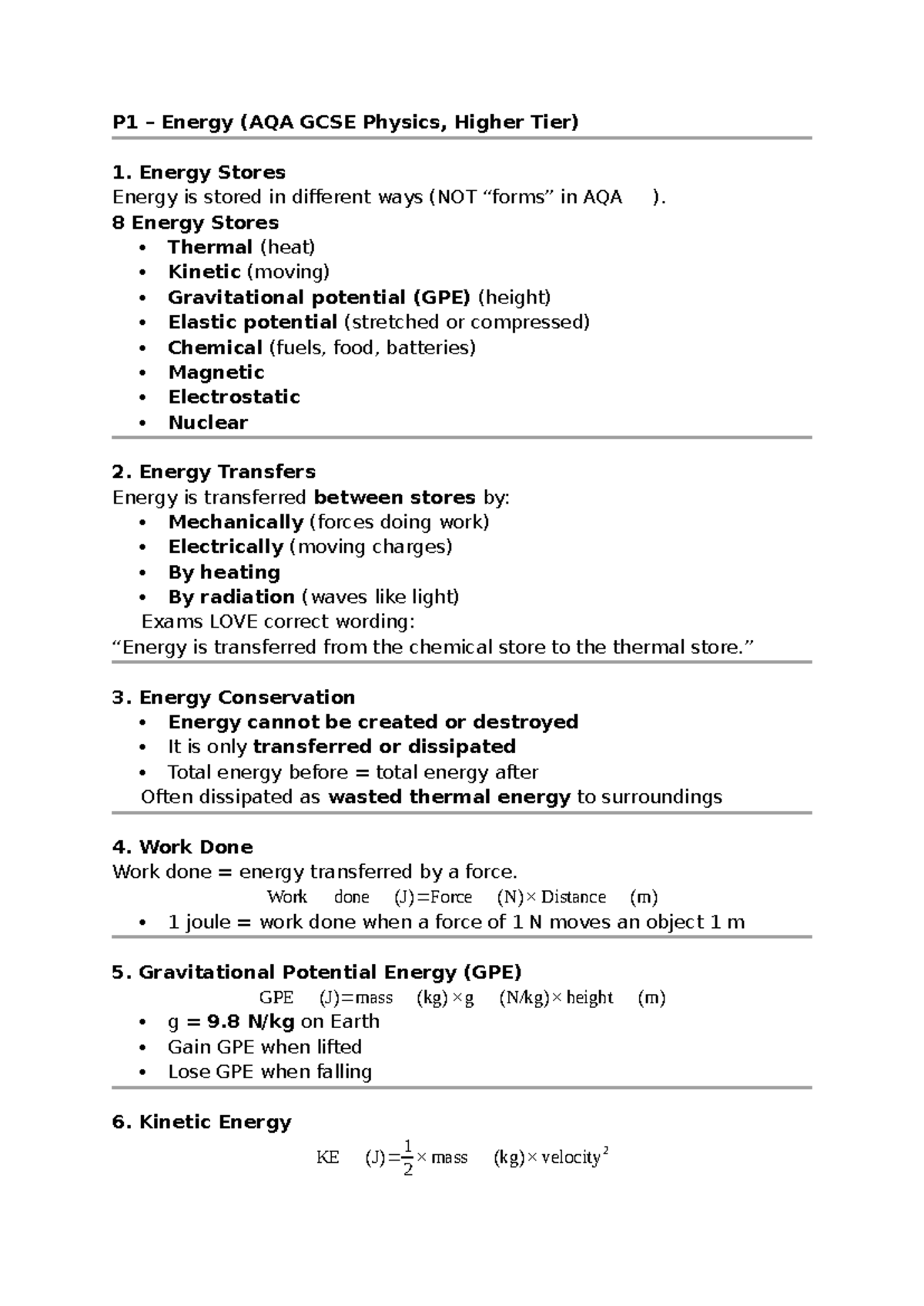 P1 Energy Concepts Overview (AQA GCSE Physics, Higher Tier) - Studocu
