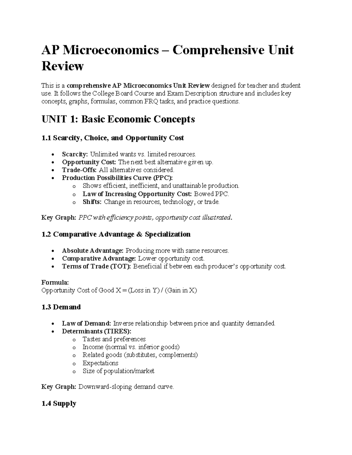 AP Microeconomics Unit Review: Key Concepts & Practice Questions - Studocu