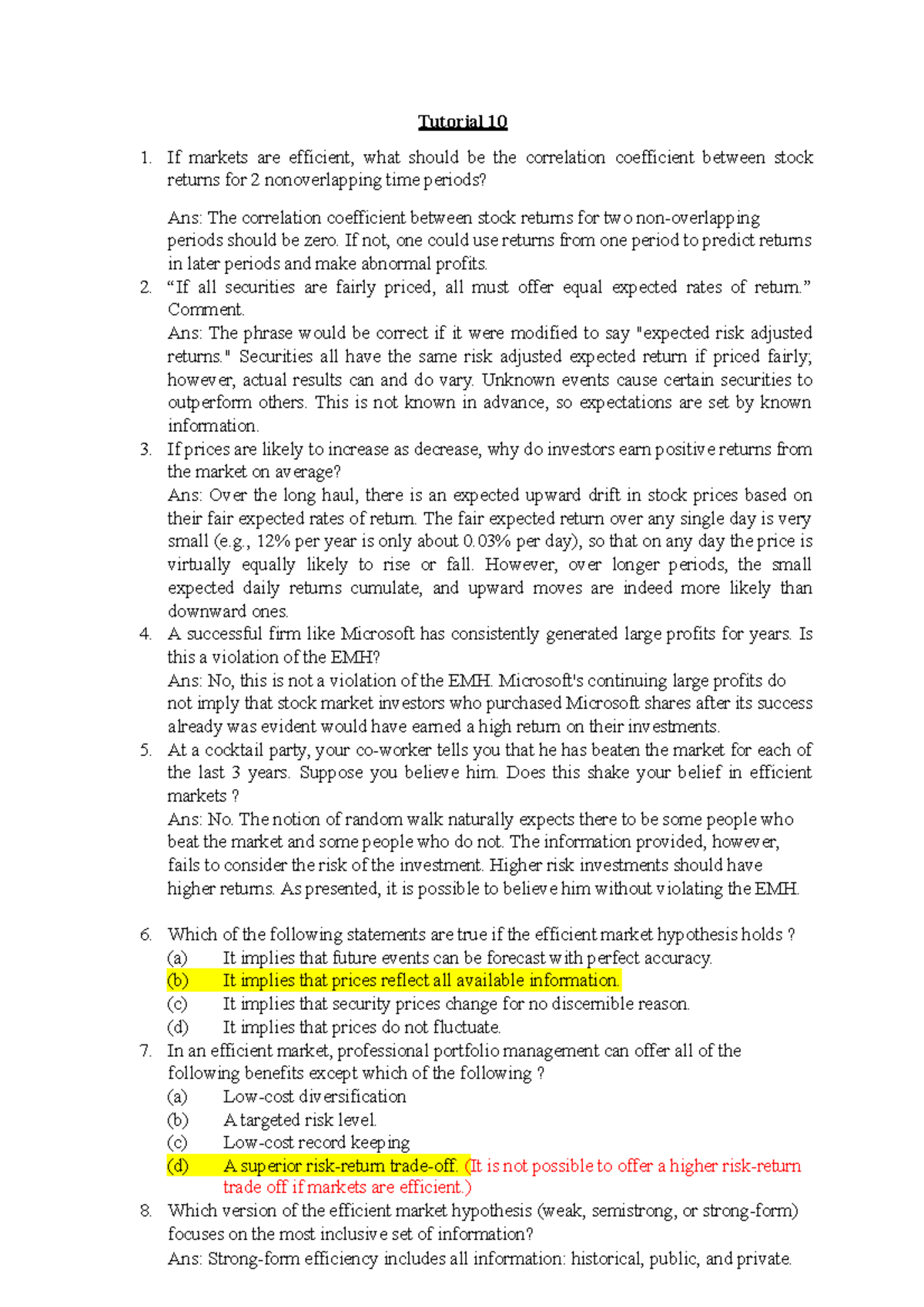 Tutorial 10 Questions-converted - Tutorial 10 If markets are efficient ...