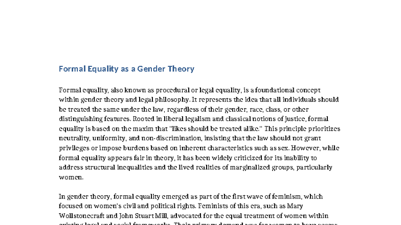 Formal Equality in Gender Theory: Limitations and Implications - Studocu
