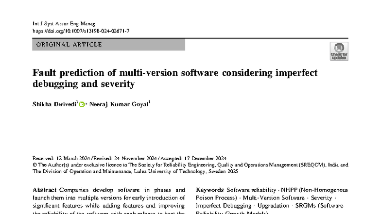 Int J Syst Assur Eng Manag: Fault Prediction Model for Software with ...