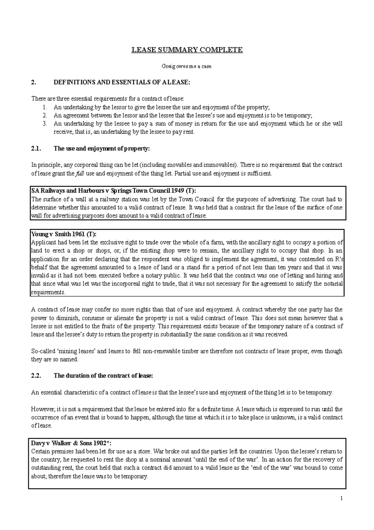 Lease Agreement Essentials and Case Law Summary - Studocu