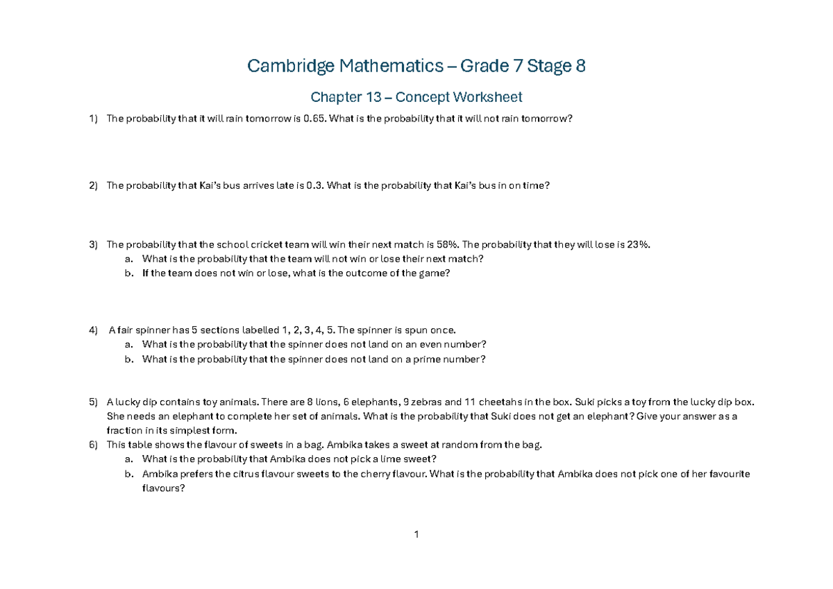 Cambridge Mathematics Grade 7 Stage 8 Chapter 13 Probability Worksheet ...
