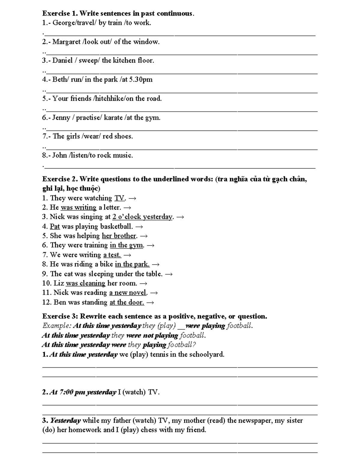 7-4-26 Homework Exercises: Past Continuous Sentences and Questions ...