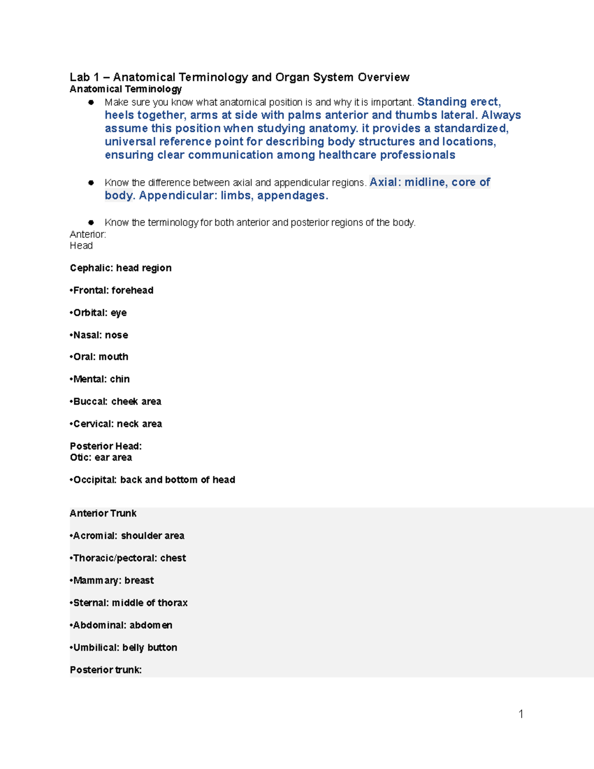 Lab 1 - Anatomical Terminology & Organ Systems Overview - PSCST612 ...