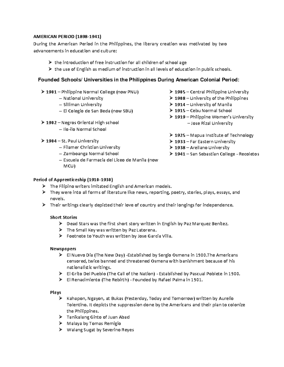 4. American Period - Notes - AMERICAN PERIOD (1898-1941) During the ...