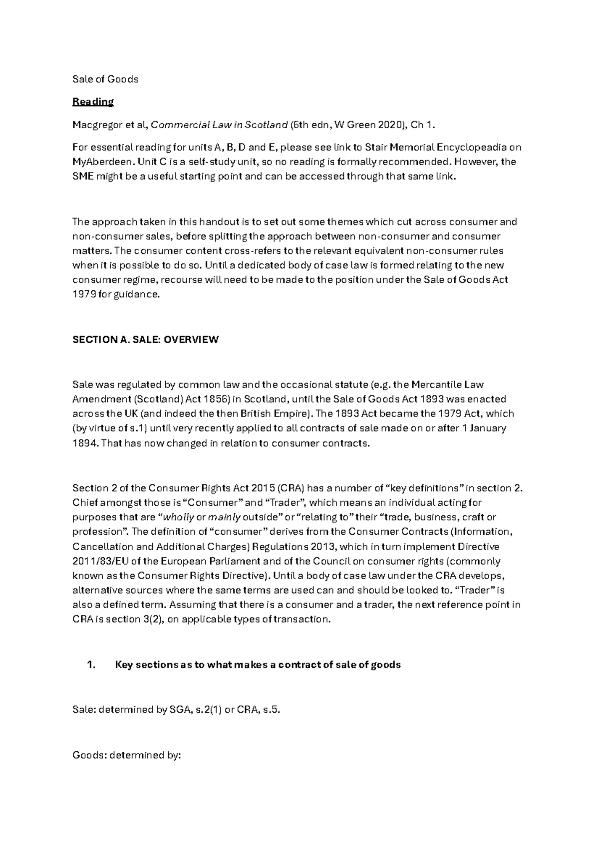 Sale of Goods Overview Handout - Commercial Law (CL1) - Studocu