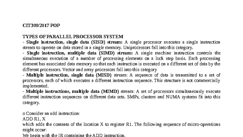CIT309 Summary: Types of Parallel Processor Systems and Micro ...