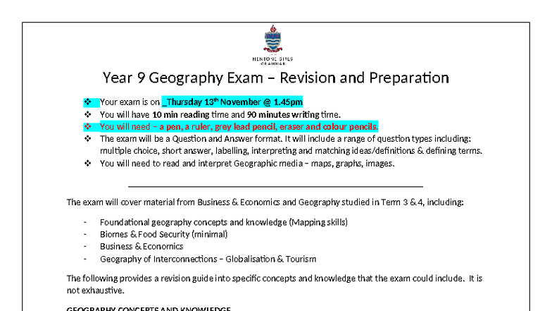 Year 9 Geography Exam Revision Guide - Term 3 & 4 - Studocu