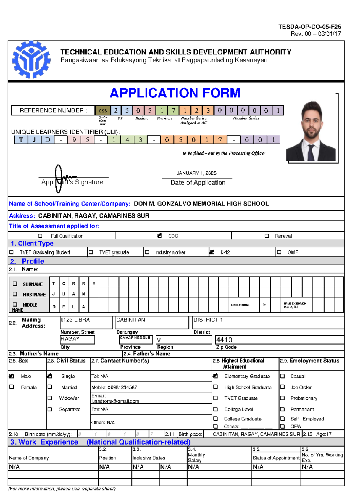 TESDA Application Form for Computer Systems Servicing NC II - Jdtorre ...