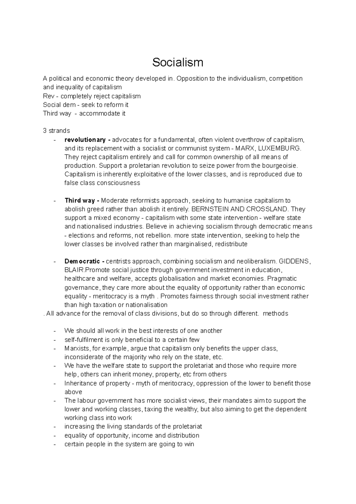 Socialism - Essay Plans and Key Concept Notes (Political Theory) - Studocu