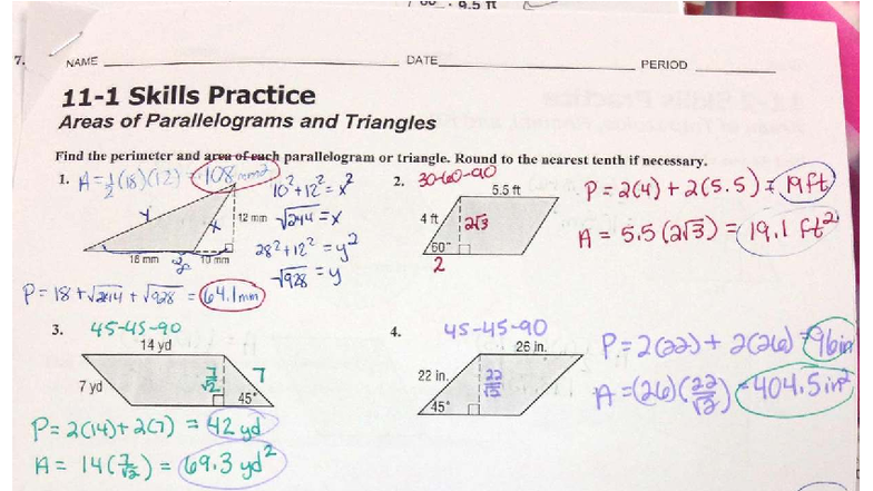 Skills Practice Key: Areas of Parallelograms, Triangles, Trapezoids ...