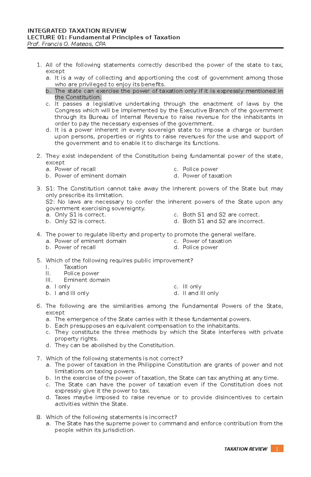 TAX01 - Lecture Notes on Fundamental Principles of Taxation - Studocu