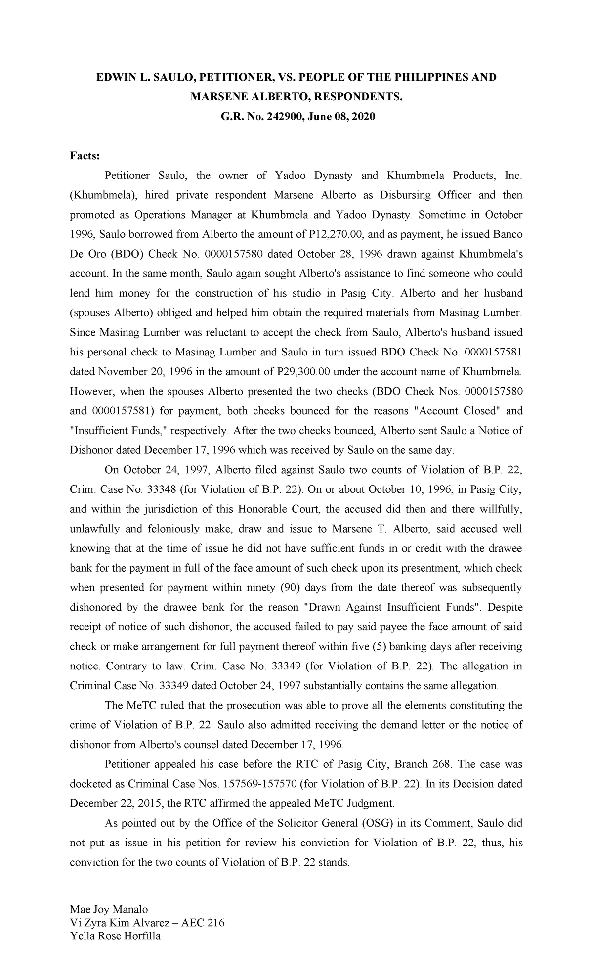 Case Digest: EDWIN L. SAULO vs. PEOPLE OF THE PHILIPPINES (G.R. No ...