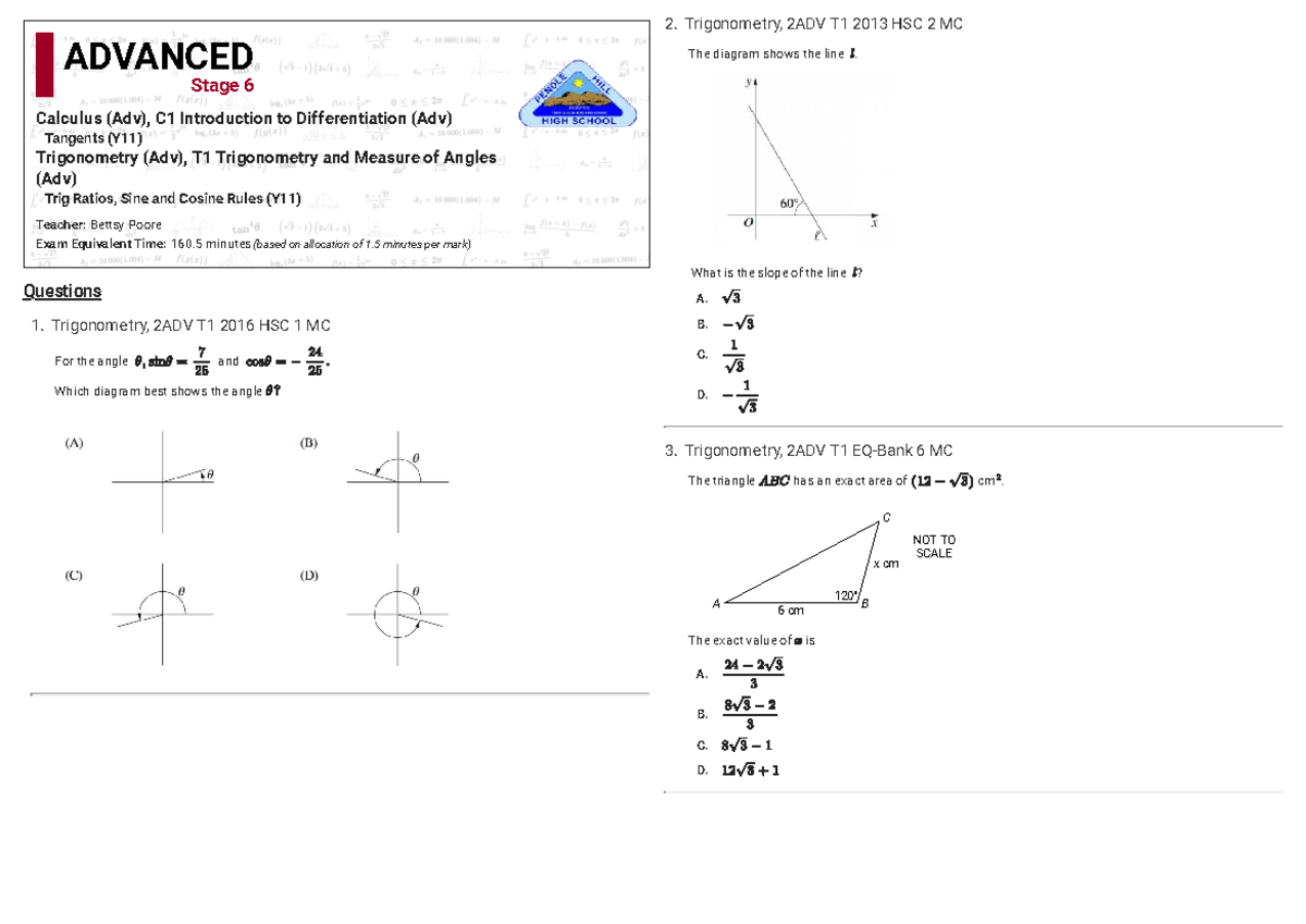 Trigonometry Practice Questions - 2ADV T1 2023 HSC - Studocu