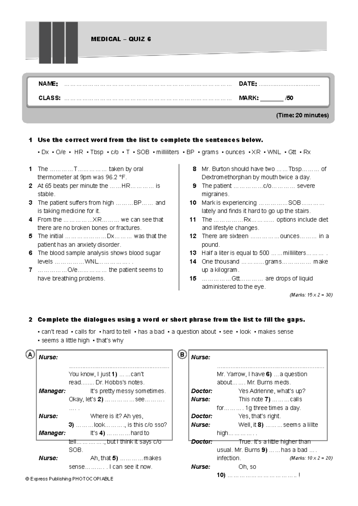 MEDICAL QUIZ 6 - Review for Year 2 English Exam - Studocu