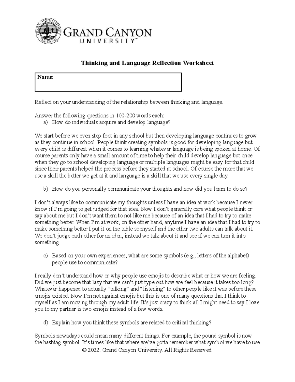 PHI105 T5 Thinking and Language Reflection Worksheet - Thinking and ...