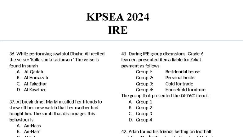 Kpsea IRE 2024 - Multiple Choice Questions & Homework Guide - Studocu