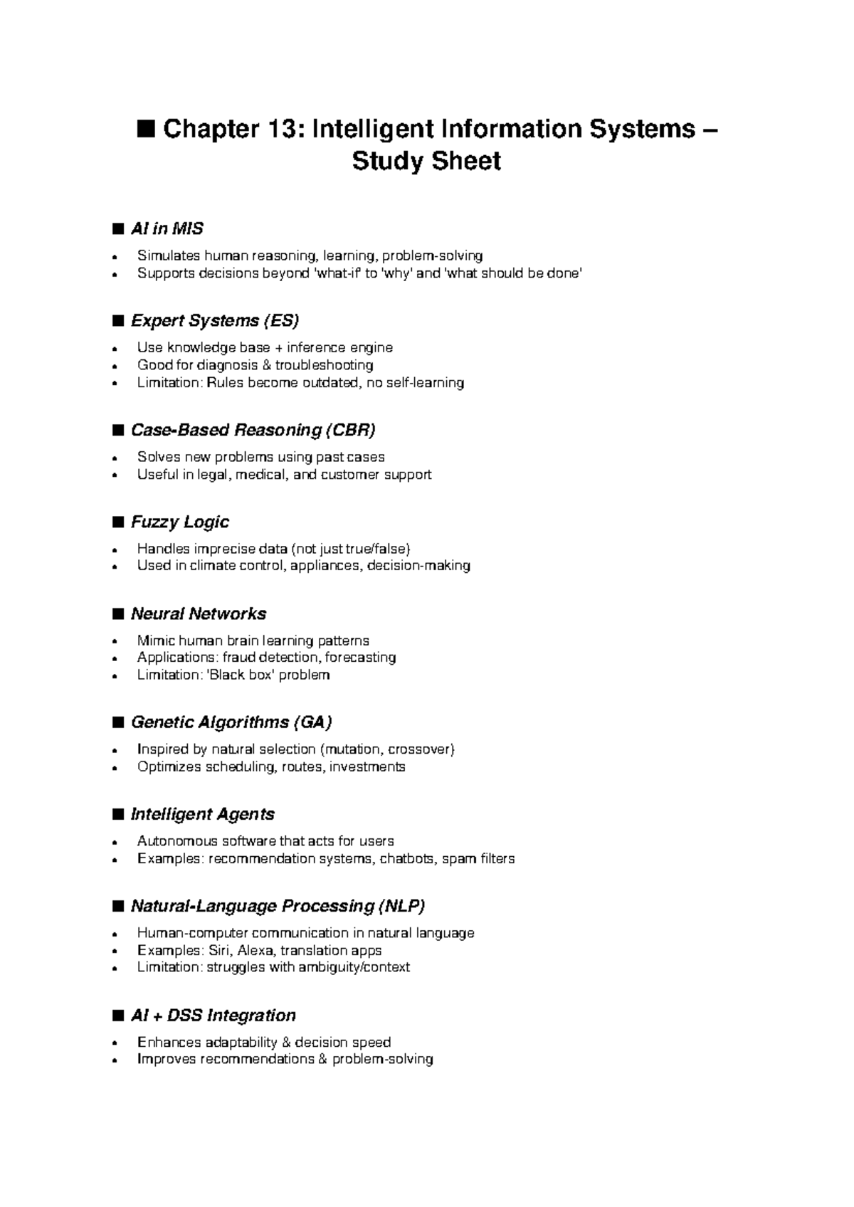 Chapter 13: Intelligent Information Systems Study Sheet AI in MIS - Studocu