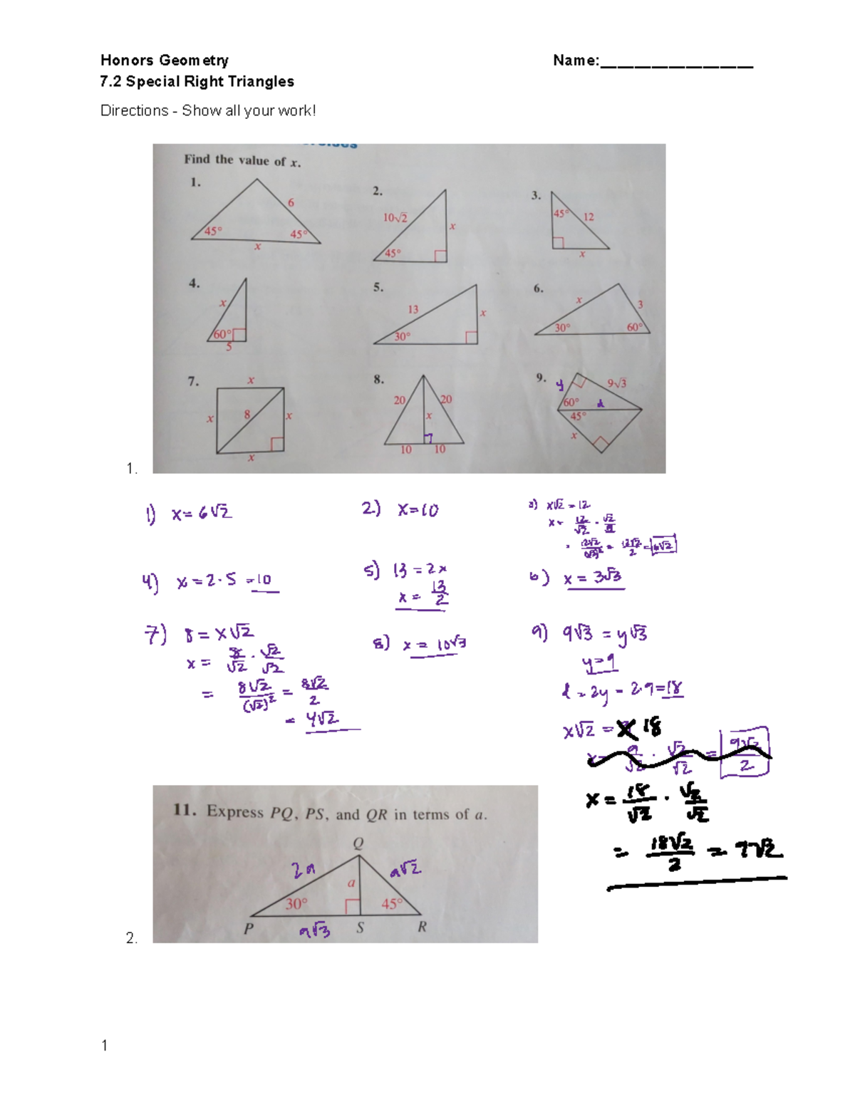Honors Geometry 7.2 Special Right Triangles Practice Exercises - Studocu