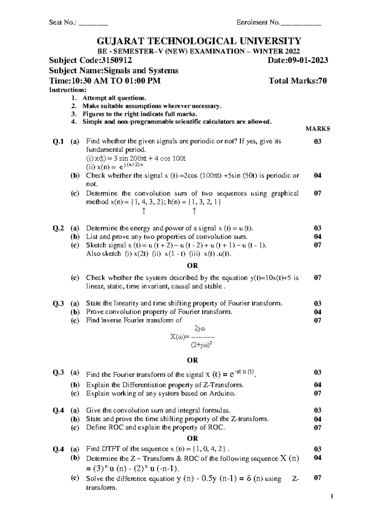 Signals and Systems Exam Notes - GUJARAT TECH. UNIV. 3150912 - Studocu