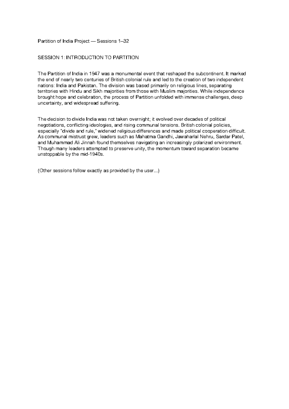 Partition of India Project: Session 1 - Introduction to Partition - Studocu