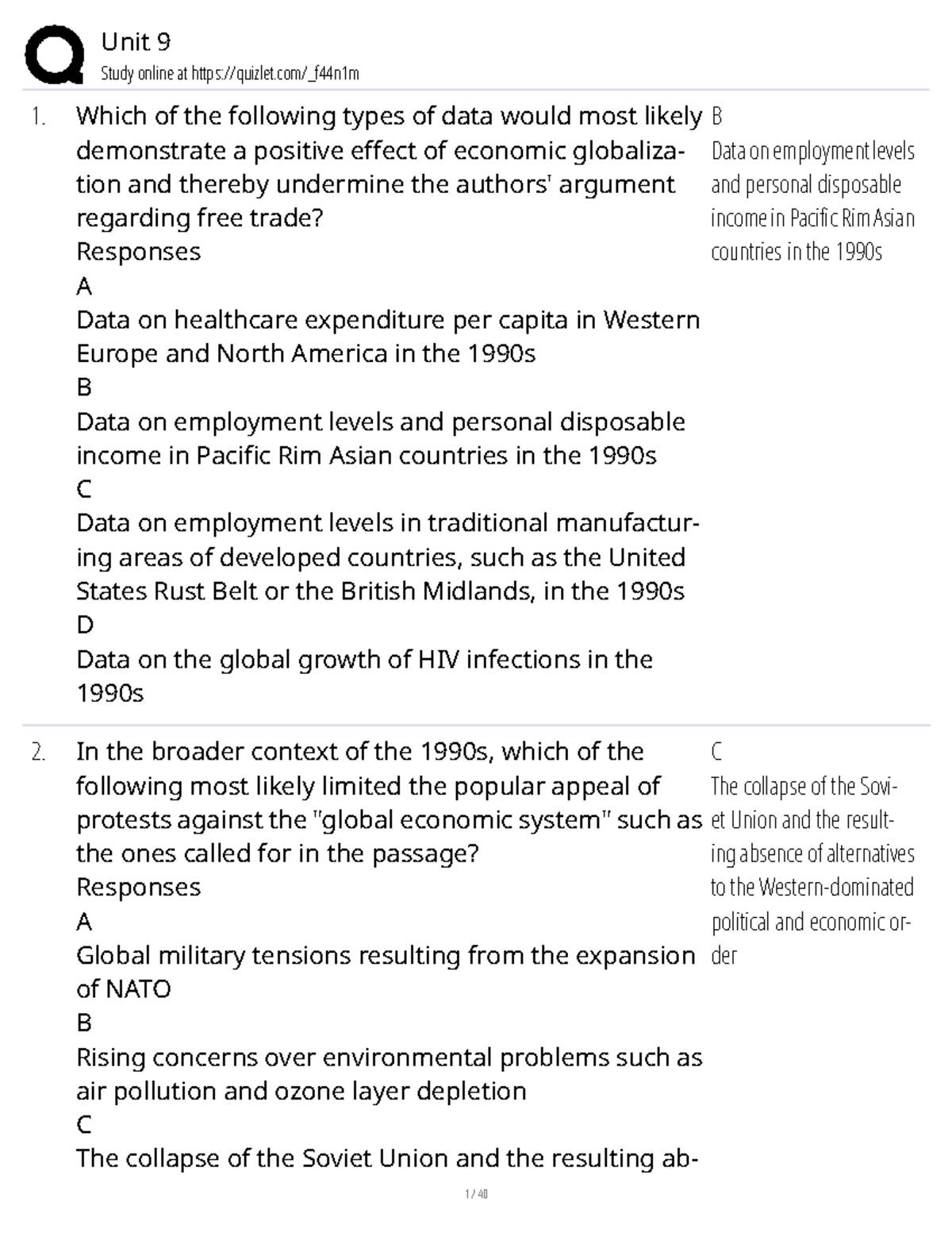 WHAP-Unit 9 Study Guide: Economic and Social Changes in the 1990s - Studocu