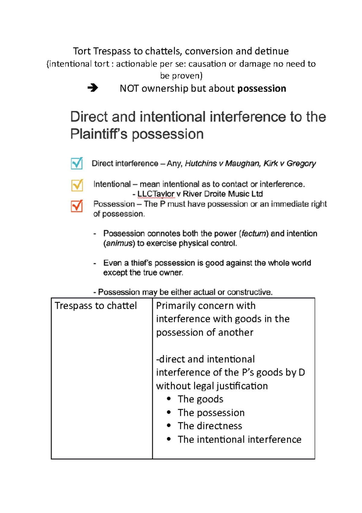 Tort trespass to chattels, conversion and detinue - Tort Trespass to ...