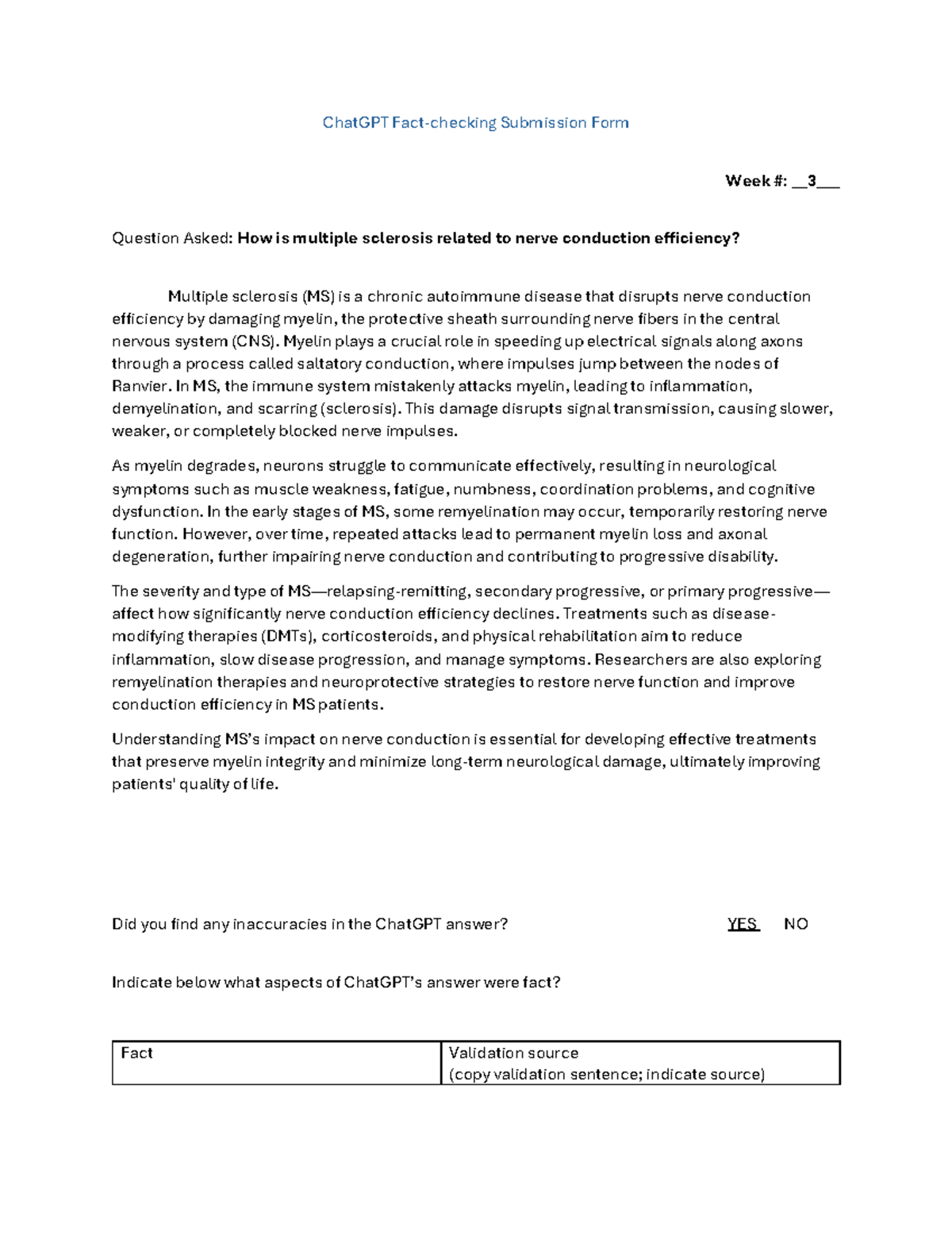Chat GPT Fact (Brain and Behaviour) - ChatGPT Fact-checking Submission Form Week #: __ 3 ...