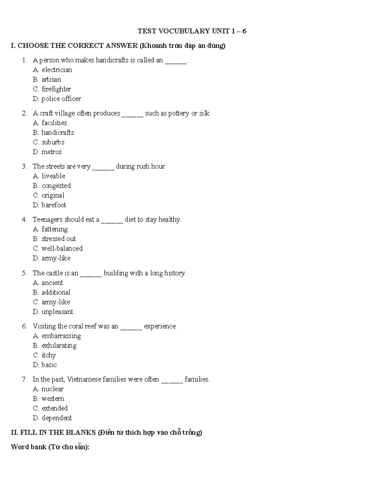 TEST VOCABULARY UNIT 1 - Exercises and Answers - Studocu