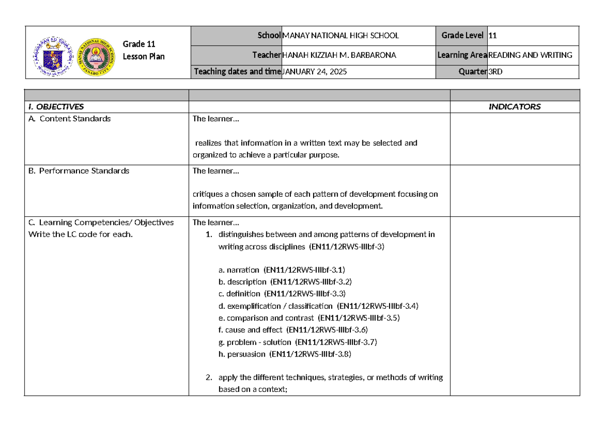 Grade-11- Lesson-PLAN- Reading and Writing - Grade 11 Lesson Plan ...
