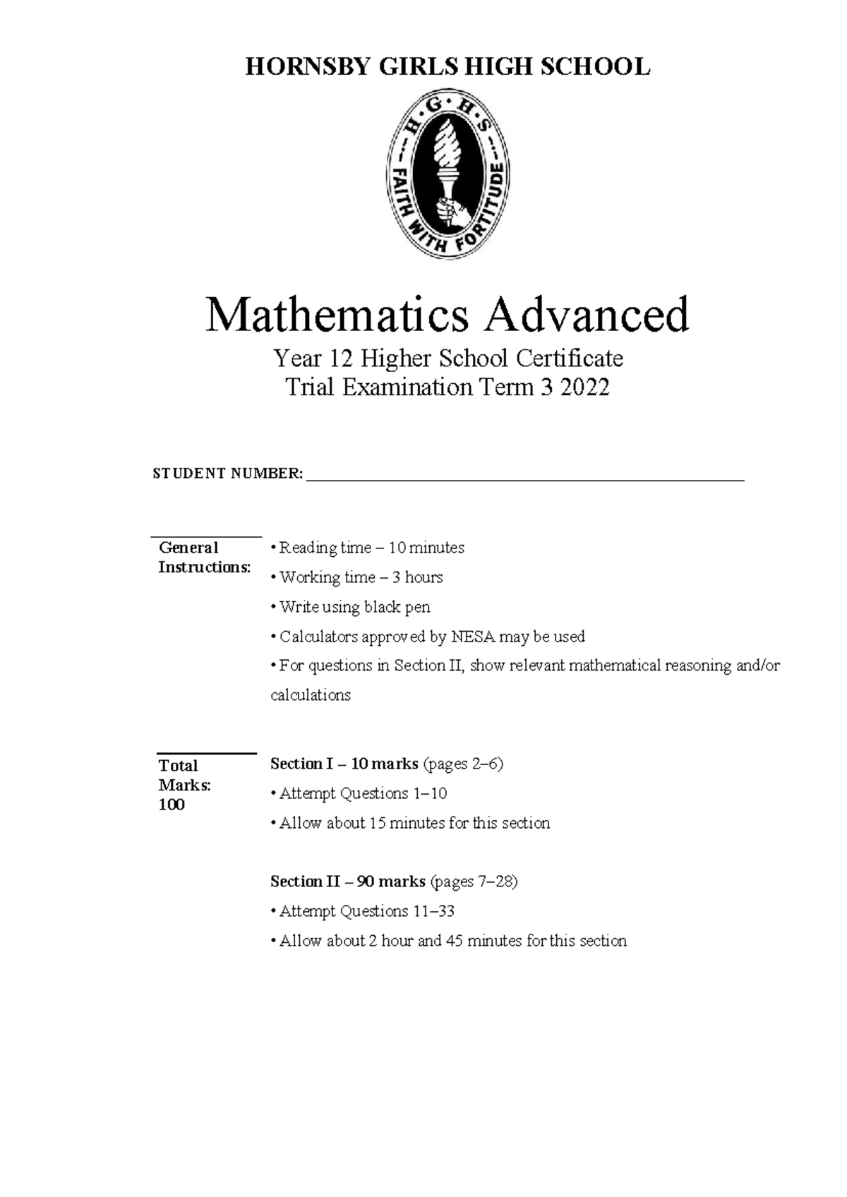 2022 HSC Adv Mathematics Trial Exam - Hornsby Girls High School - Studocu