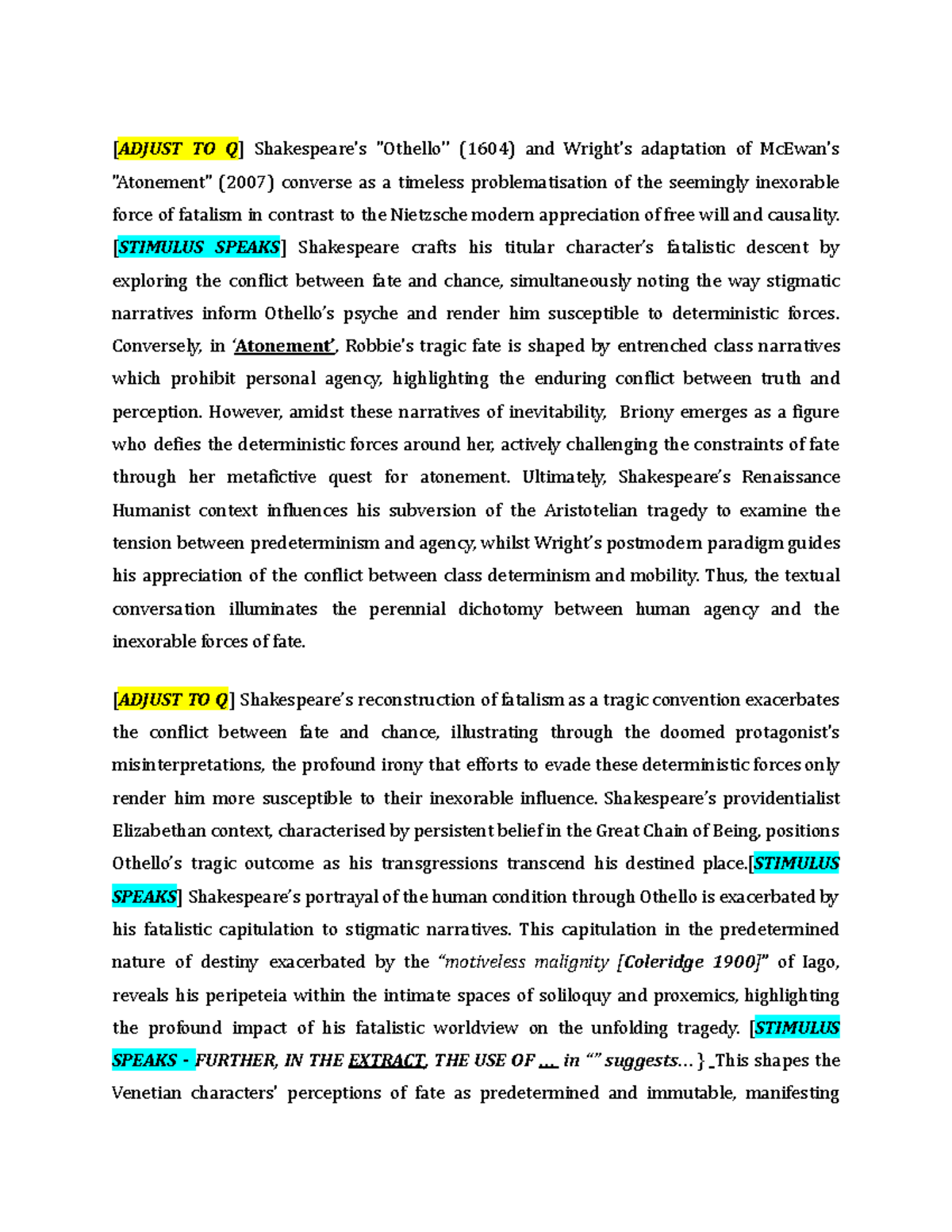 English Advanced (1604) - Fatalism vs. Free Will in Othello - Studocu