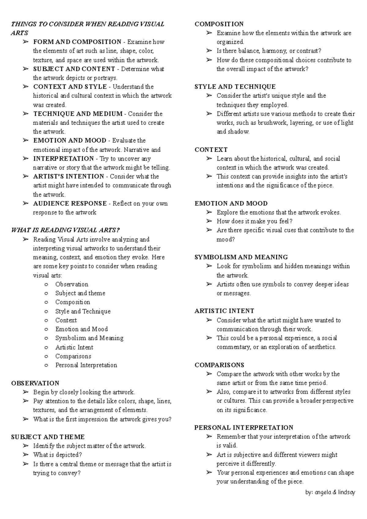 ELEC 101: Visual Arts Reading and Analysis Guide - Studocu