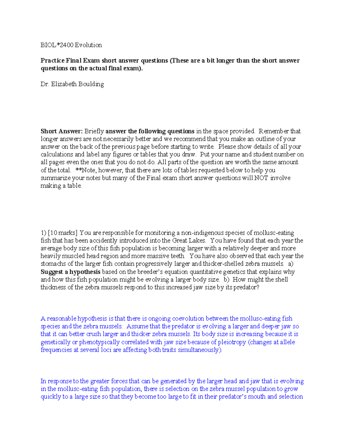 BIOL2400 Final Exam Prep - Evolution Short Answer Questions - Studocu