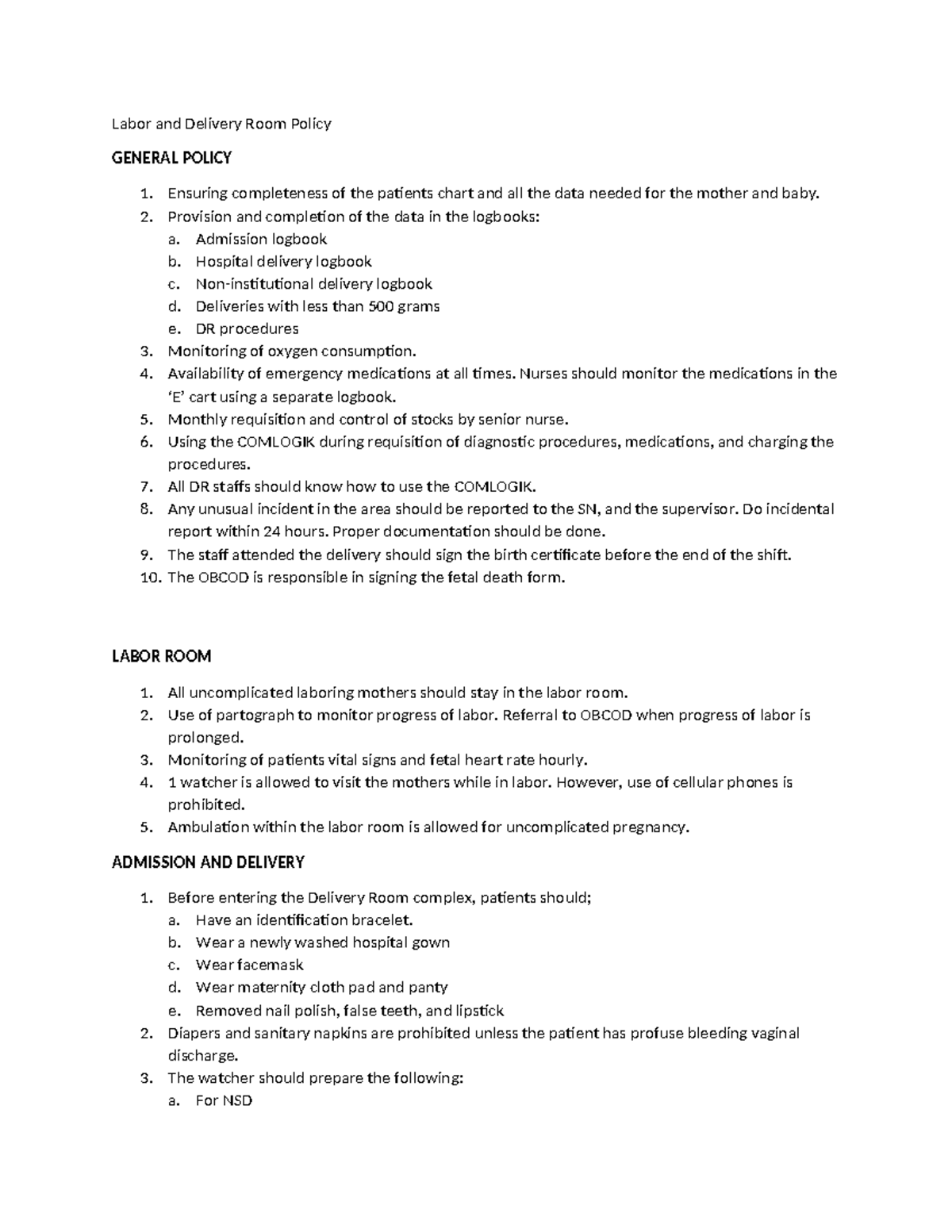 Labor and Delivery Room Policy Overview and Guidelines - Studocu