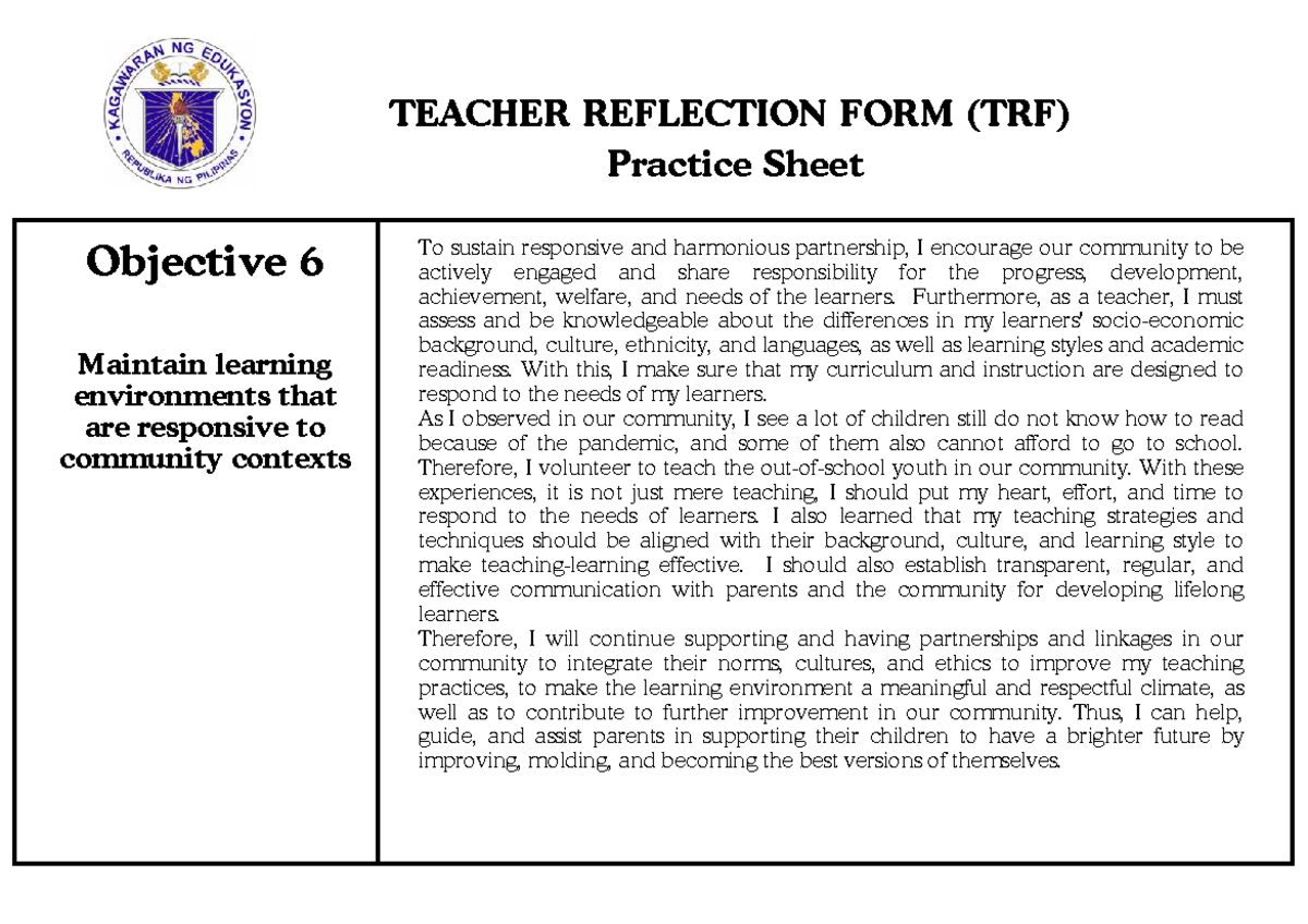 Teacher Reflection Form (TRF) Practice Sheet: Community-Responsive ...