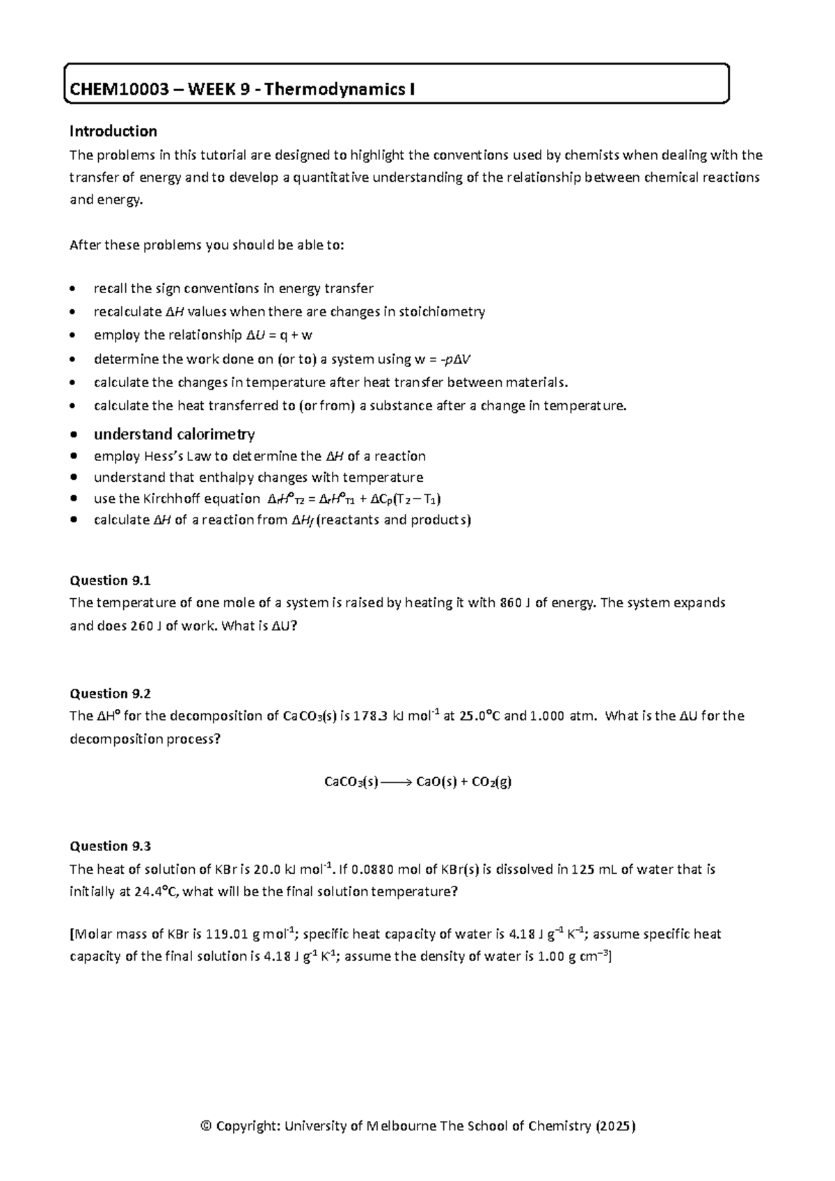 Week9 CHEM10003 Tutorial Questions S1 2025 - © Copyright: University of ...