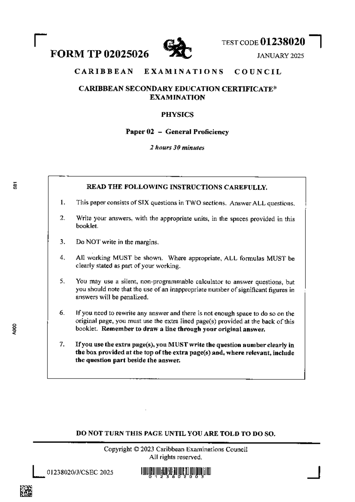 CSEC Physics 2025 Jan Exam Paper 02 General Proficiency Guide - Studocu