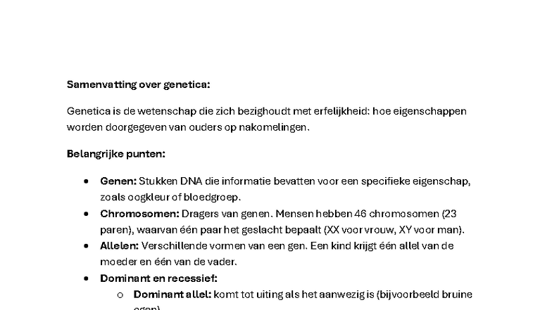 Samenvatting Genetica: Erfelijkheid, Genen en Mutaties in Detail ...