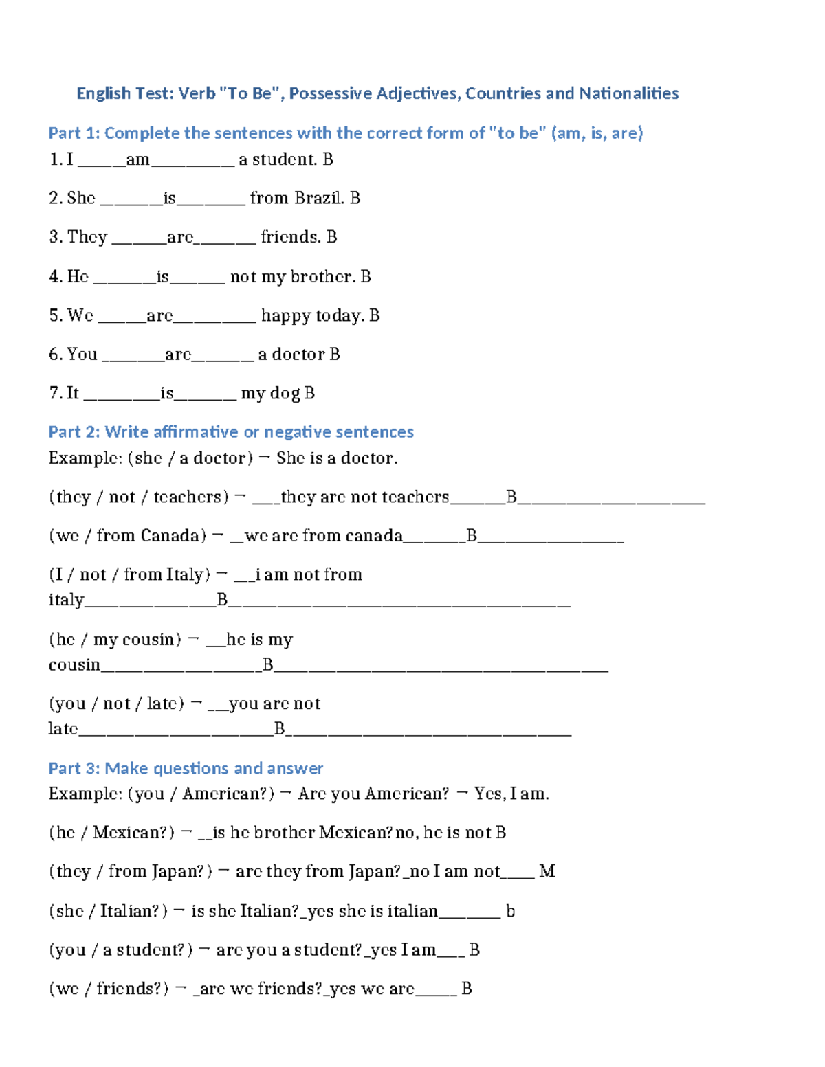 English Test: Verb Possessive Adjectives & Nationalities Exam - Studocu