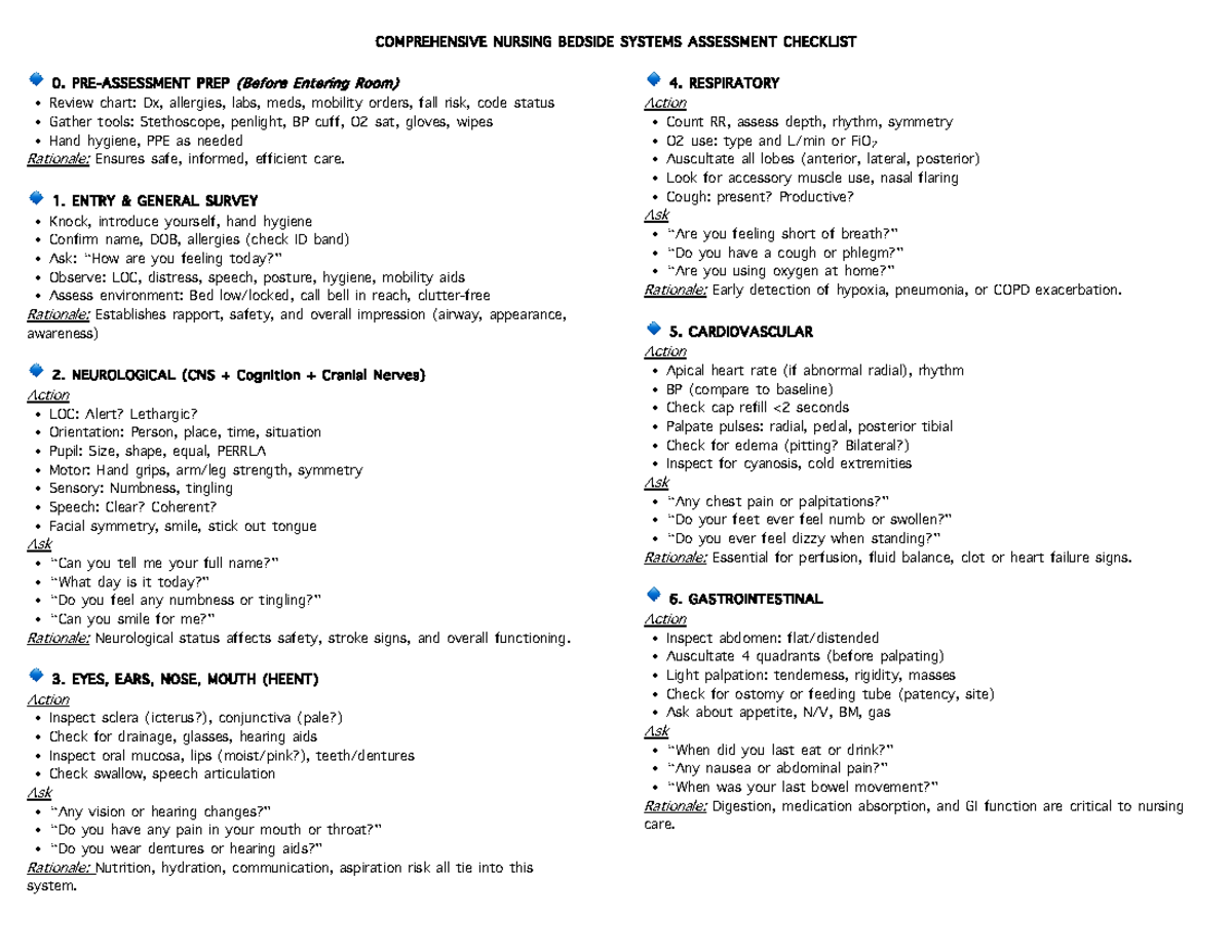 NURS 101: Comprehensive Nursing Bedside Assessment Checklist - Studocu