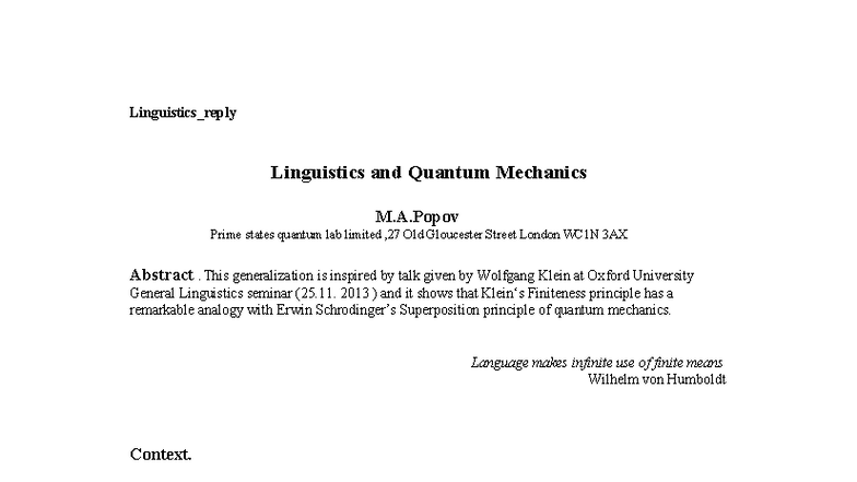 Language and Quantum Mechanics: A Linguistic Perspective on Finite ...