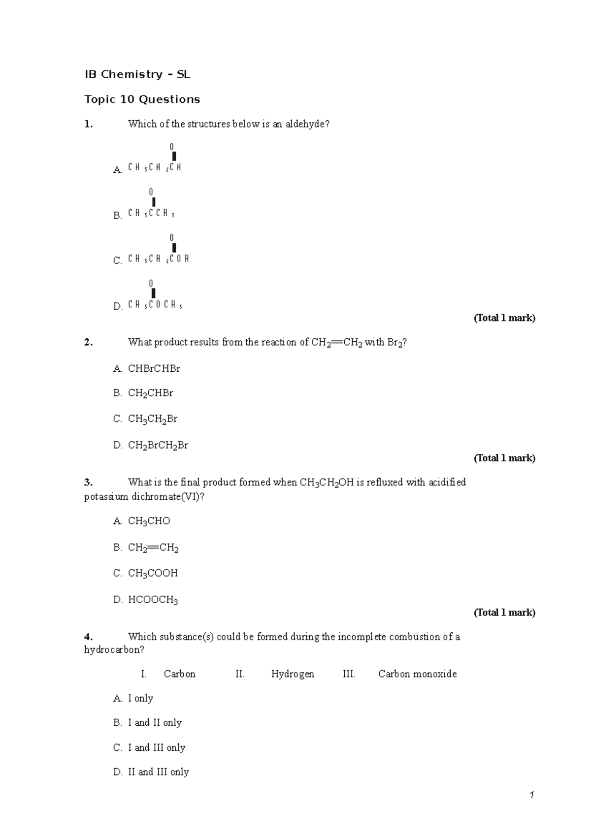 IB Chemistry SL - Topic 10 Practice Questions & Solutions - Studocu