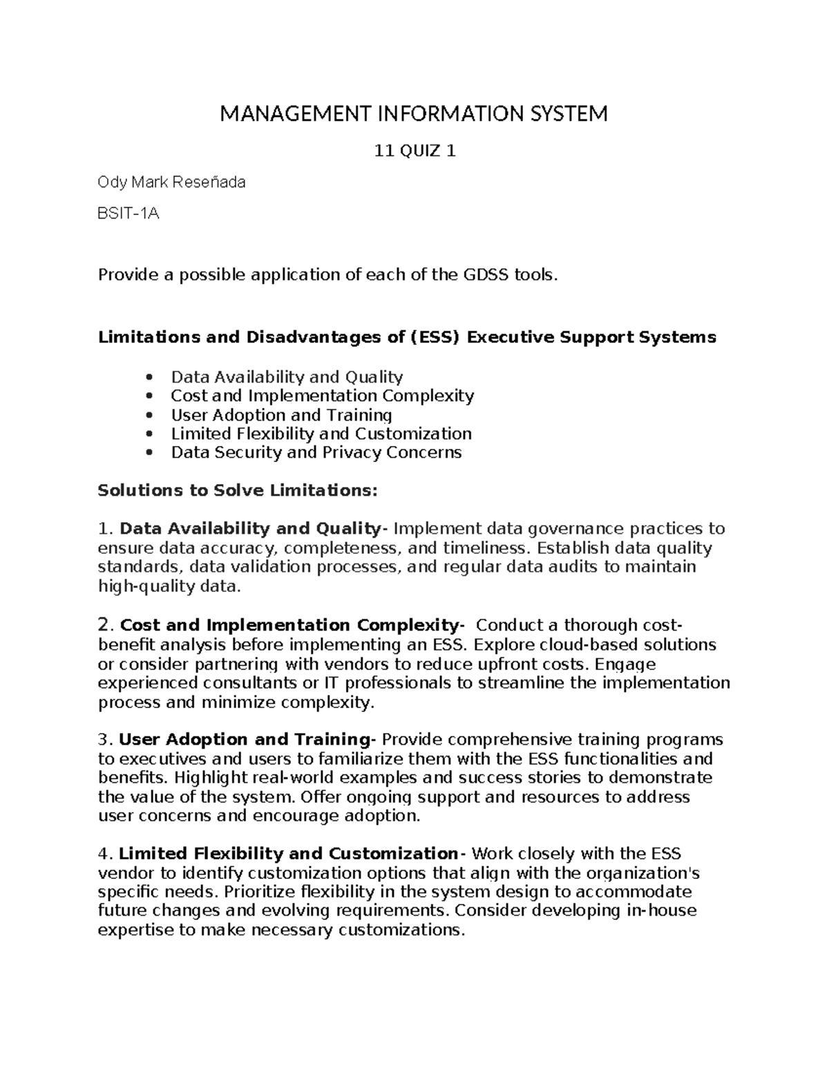 MIS 11 Quiz 1: GDSS Tools & Executive Support Systems Analysis - Studocu