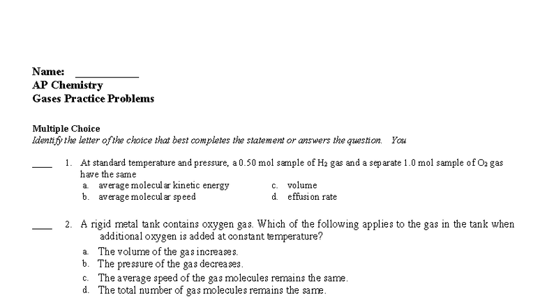 AP Chemistry Gases Practice Problems 2020 - Studocu